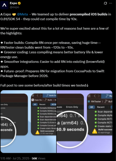 React Native 0.81 introduces precompiled builds for iOS